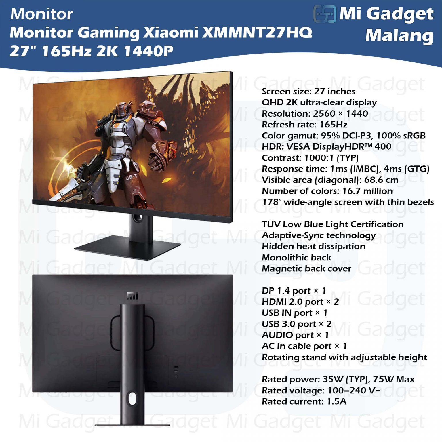 Led Monitor Gaming Xiaomi XMMNT27HQ 27" 165Hz 2K 1440P HDR Free-Sync ...