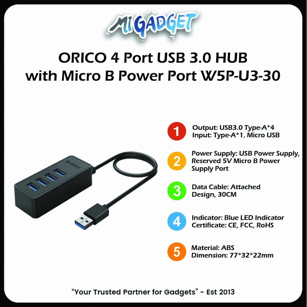 ORICO 4 Port USB 3.0 HUB with Micro B Power Port W5P-U3-30 Kabel 30CM ...